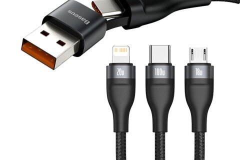 Baseus Flash Series USB / USB-C auf USB-C + Micro USB + Lightning 3in1 Kabel, 100W, 120 cm, schwarz